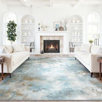 Generic Bleu Gris Tapis Lavable Machine Salon 160 x 230 cm Antid&eacute;rapant Sol Poil Bas Doux Texture Simple vieillie Motif Chambre Cuisine Entr&eacute;e Salle D&eacute;tente D