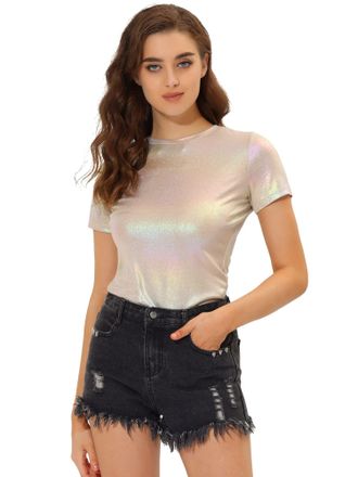 Allegra K Damen Weihnachten Sexy Metallic Party Top Outfit Festival Glitzer Kurzarm Rundhals T-Shirt Oberteil Bluse Beige XL