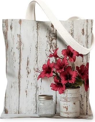 Generic Sac fourre-tout en toile avec motif floral dhibiscus printanier pour le shopping, 33 x 38,1 cm, motif floral rustique, sac d&eacute;picerie r&eacute;utilisable, sac