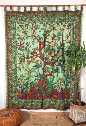 Guru Shop Boho Vorh&auml;nge, Gardine (1 Paar) mit Schlaufen, Handbedruckter Ethno Style Vorhang Lebensbaum - Gr&uuml;n/bunt, Baumwolle, 230x100x0 cm