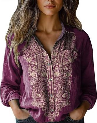 Generico Femme Chemise D&eacute;contract&eacute;e &agrave; Manches Longues Chemisier en Lin Coton Curvy Respirant T Shirt Col en V L&eacute;ger Chemises Vintage Imprim&eacute; Boutons Classique 