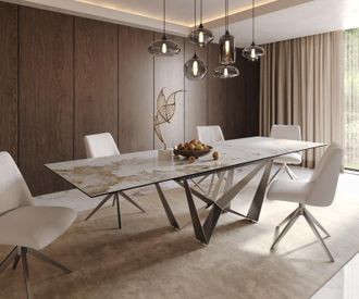 DELIFE Esstisch Edge 200-300x100 Keramik Minas Melange Weiß-Beige Spider Flachstahl Edelstahl ausziehbar, Esstische