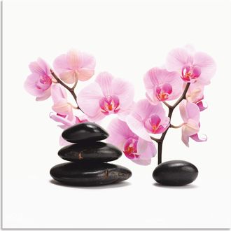 Artland ARTland Wanddeko Wandbild Alu Verbundplatte f&uuml;r Innen & Outdoor Bild Wellness Zen Stein Fotografie Pink/Rosa Schwarze Steine und pink Orchidee T6BI