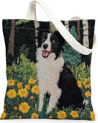 Generic Sac fourre-tout en toile motif chien border collie printanier 33 x 38,1 cm, style tricot&eacute;, sac d&eacute;picerie r&eacute;utilisable pour femme, peinture esth&eacute;tique 
