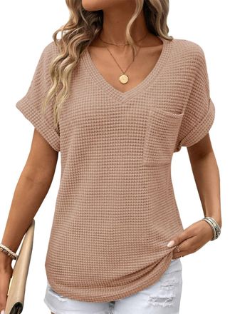Dokotoo T-Shirts Damen Sommer Oberteile Kurzarm Waffel Strick Tops V-Ausschnitt Kurze &Auml;rmel Pullover Bluse Oberteil Locker L&auml;ssig Basic Einfarbig Tunika Bluse