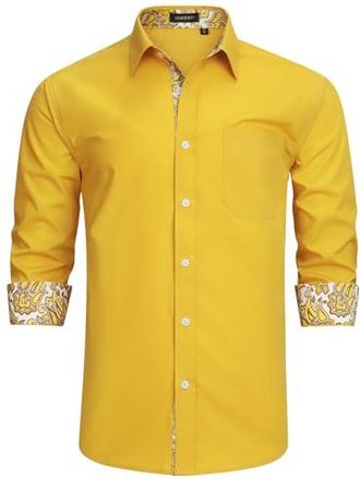 Hisdern Chemise Homme Jaune Manches Longues Regular Fit Mariage Casual Business Formelle Chemise avec Poche 3XL