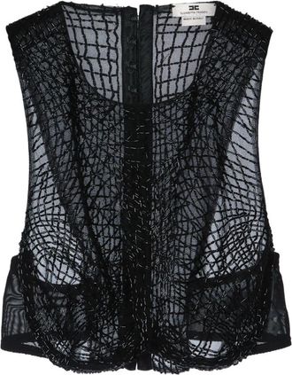 Elisabetta Franchi Femme, Tops, Noir, Taille: 38 FR Tulle Top with Embroidered Crystals