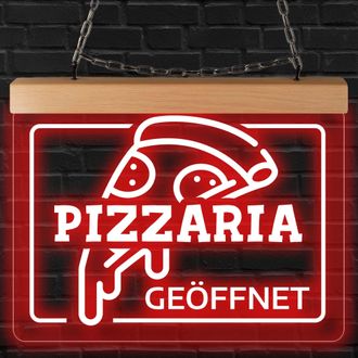 Indigos UG Indigos UG - LED Lampen - Leuchtschild - Pizzeria ge&ouml;ffnet - graviert - 26x20 cm zum H&auml;ngen an Wand oder Scheibe - LED Schild beleuchtet f&uuml;r B&uuml;ro Lade