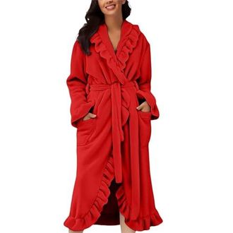 Generic Peignoir long et chaud pour femme avec volants pour lhiver, Rouge, XL