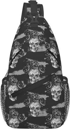 Generic Cr&acirc;nes Mexicains Noirs Et Blancs, Roses, Fleurs Sac &Agrave; Bandouli&egrave;re Multifonctionnel Sling Bag Antivol Sac Banane Pour Camping Femme Homme