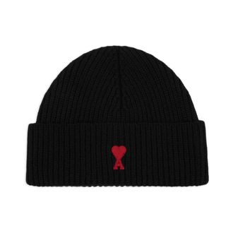 Ami Schwarze Wollstrickm&uuml;tze mit Herzmotiv - - Accessories - Herren - Schwarzk - ONE SIZE