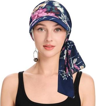 ZLYC Bonnet Chimio pour Femme avec visière, Relié, Motif Floral, Bleu Marine, Taille Unique