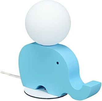 Relaxdays Nachttischlampe Kinder, Babyzimmer, G9 7W, Deko Holzelefant, Glaskugel, Tischlampe, 21x20x10 cm, hellblau/weiß