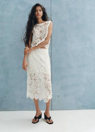 Mango Jupe midi crochet blanc cass&eacute; - Femme - S - MANGO