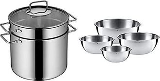 WMF Nudeltopf mit Sieb 24 cm Induktion, Kochtopf groß 7,0l, Spaghettitopf mit Glasdeckel, Pastatopf & Gourmet Schüsselset 4-teilig, Edelstahl Schüsseln fü