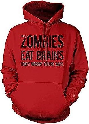 Generic Sweat &agrave; capuche dHalloween pour homme Zombies Eat Brains Dont Worry Youre Safe Sweatshirt avec poche &agrave; manches longues, Rouge, L