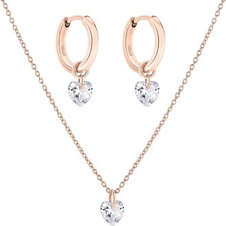 Tamaris Schmuck-Set mit Zirkonia-Stein - Halskette mit Herz-Anh&auml;nger und Creolen mit Herzanh&auml;ngern - IP Ros&eacute;gold - Ankerkette verstellbar bis 45 cm - wasserfe