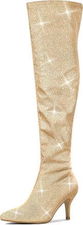 Allegra K Damen Glitzerstiefel mit spitzem Zehenbereich, Pfennigabsatz &uuml;ber dem Knie, Oberschenkelhoch, Gold, 39 EU