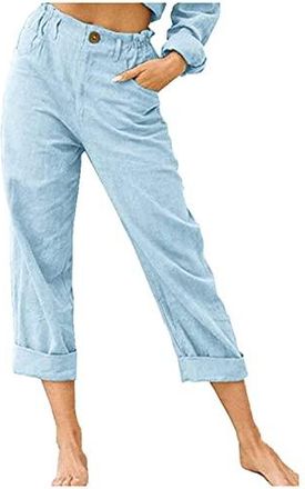 Generic Pantalon Large en Lin Femme Fluide Ample Pantalon Femme Taille &Eacute;lastique en Lin D&eacute;contract&eacute; avec Poche Leger Vetement Ete Baggy Ensemble (Light Blue X