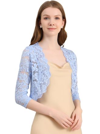 Allegra K Damen Spitzen Festlich Bolero 3/4 &Auml;rmel Hochzeit Strickjacke Vorne Offen Crop Cardigan Shrug Hellblau XS