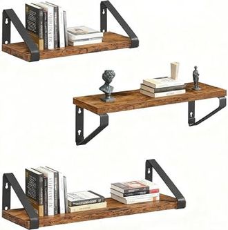Relaxdays Wandregal, 3er Set, 3 Gr&ouml;&szlig;en: 30, 35, 40 cm Breite, Holzoptik & Metall, Wandbretter f&uuml;r B&uuml;cher & Deko, braun