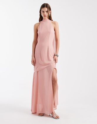 Tfnc Robe longue de demoiselle dhonneur en mousseline avec cape et jupe transparentes - Rose