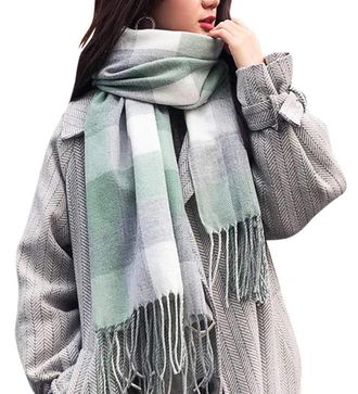 Heekpek Damen Kariert Oversized Kaschmir Schal Lange Winterschal Weich Wraps Gro&szlig; Karo Fransen Schal Warm Schal f&uuml;r Herbst Winter, Gr&uuml;n wei&szlig;