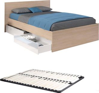 Vente-Unique Bett mit 4 Schubladen + Lattenrost - 140 x 190 cm - Holzfarben & gl&auml;nzend Wei&szlig; - VELONA