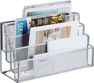 Relaxdays Zeitschriftenhalter Metall, 4 Fächer, Dokumentenablage Büro, HBT: 26x45x18 cm, Magazinhalter, Briefe, Silber