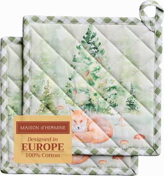 Maison d'Hermine Hot Pads Weihnachten-Topfhalter aus 100% Baumwolle mit Schleife, hitzebeständiges Set mit 2 Topflappen zum, Mikrowelle, Winter Mornings - Erntedankfes