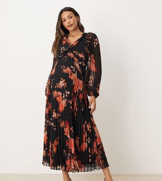 Asos Maternity ASOS DESIGN Maternity - Robe cache-coeur mi-longue plissée à imprimé fleurs - Noir-Multicolore