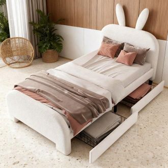 Generic Flachbett 90x200 cm in Rosa | Gepolstertes Kaninchen-Design | 2 Schubladen & schafwollresistent | Cartoon-Kinderbett (White + Plush + 90cm*200cm)