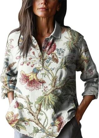 Generico Chemise Femme &Eacute;l&eacute;gant &agrave; Manches Longues T Shirt Coton Et Lin Curvy Grande Taille Chemises Col en V Doux Blouse Vintage Fantaisie avec Boutons Classiqu