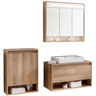 Fackelmann NATURA Badm&ouml;belset 4-teilig, 94 cm, Braun hell + Spiegelschrank + Doppel-Midischrank-90232145