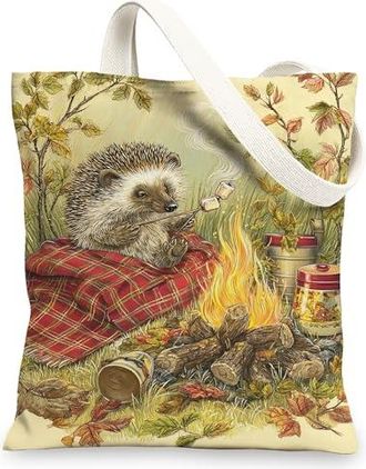 Generic Sacs à provisions en toile de hérisson - Motif animaux de la forêt - Légers et réutilisables - Motif nature rustique - Lavables, beige, 13x15 Inch