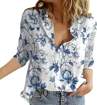Generic Chemises &agrave; manches longues en coton et lin pour femme - Hauts d&eacute;t&eacute; boh&egrave;me pour femmes - T-shirts unis Linentops pour sorties, chemisiers, taille 48, t