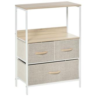 HOMCOM Commode Meuble de Rangement avec 3 tiroirs Tissus, &eacute;tag&egrave;re et Plateau sup&eacute;rieur, Petit Meuble dappoint - 58L x 29P x 81,5H cm - Naturel et m&eacute;tal Blanc