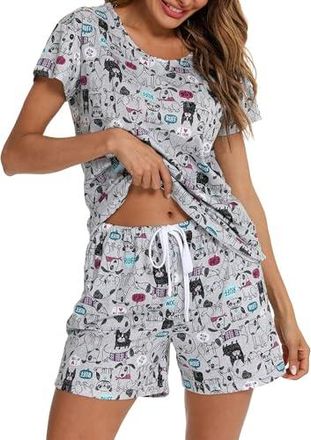 Mia Lucce Pyjama Femme Ete Coton Manches Courtes Pyjama Short Femme Vêtements de Nuit avec Imprimé et Poches pour la Maison et Le Sommeil, S-XXXL