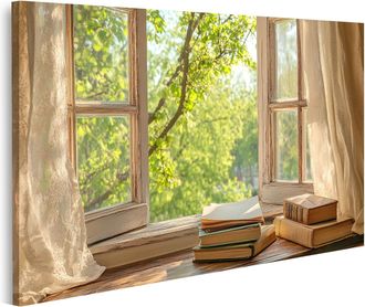 Islandburner Prime Bild auf Leinwand B&uuml;cher und Vorh&auml;nge am sonnigen Fensterblick f&uuml;r Wohnzimmer B&uuml;cherliebhaber Buchhandlung Bilder Wandbilder Poster