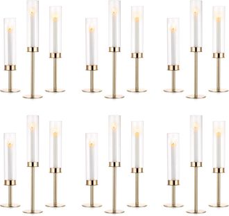 Nuptio Nuptio Glaszylinder Kerzenständer Metall Gold - 18 Stücke Kegel Kerzenhalter Stabkerze Pack ür Kerzen, Klarglas Hurricane Schatten Spitze Kerzen Moder