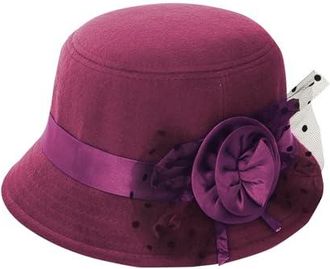 Generic Chapeau de bowler pour femme - Couleur unie - Motif floral - Large bord - Chaud - Avec grenouille, Bordeaux, taille unique