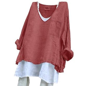 Generic Chemisier Femme Coton Et Lin Chic Et Elegant D&eacute;contract&eacute;s Chemisiers Et Blouses D&eacute;t&eacute; &Agrave; Manches Longues Col V Loose Top Legers Respirant Tunic Mode Cot