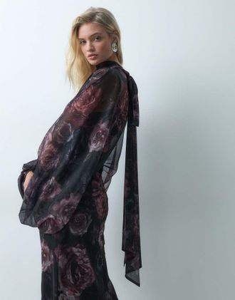Asos robe longue &agrave; manches blouson avec &eacute;charpe &agrave; fleurs vintage-Multi