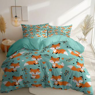 Generic Atmungsaktiv Bettbezug Cartoon Sich Wiederholender Fuchs Muster, 135 x 200 cm Reversibel Mikrofaser Bettbezug mit Rei&szlig;verschluss, Hellblau Weich Hypoa