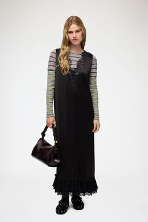 Ganni Robe longue en satin et dentelle Noir - Pour Femme