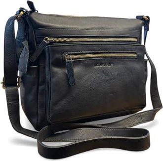 Rowallan of Scotland Sac &agrave; bandouli&egrave;re en cuir noir pour femme - 3 poches avant zipp&eacute;es, fermeture &eacute;clair arri&egrave;re, poches lat&eacute;rales - Longue sangle r&eacute;glable - 