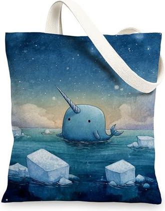 Generic Sacs fourre-tout en toile Narval réutilisables, légers et lavables avec bandoulière, bleu, 13x15 Inch