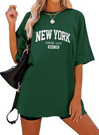 Dresswel T-shirt surdimensionné pour femme New York Lettre Imprimé Vintage T-shirt manches courtes col rond Haut dété ample Chemisier long Tunique Top pour ado