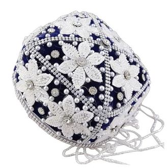 Generic Xinjiang Chapeau de spectacle de danse avec perles et broderie &agrave; quatre coins Bleu