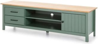 Les Tendances Meuble TV en bois massif 1 porte 2 tiroirs pin vert et miranda 158x40x47H